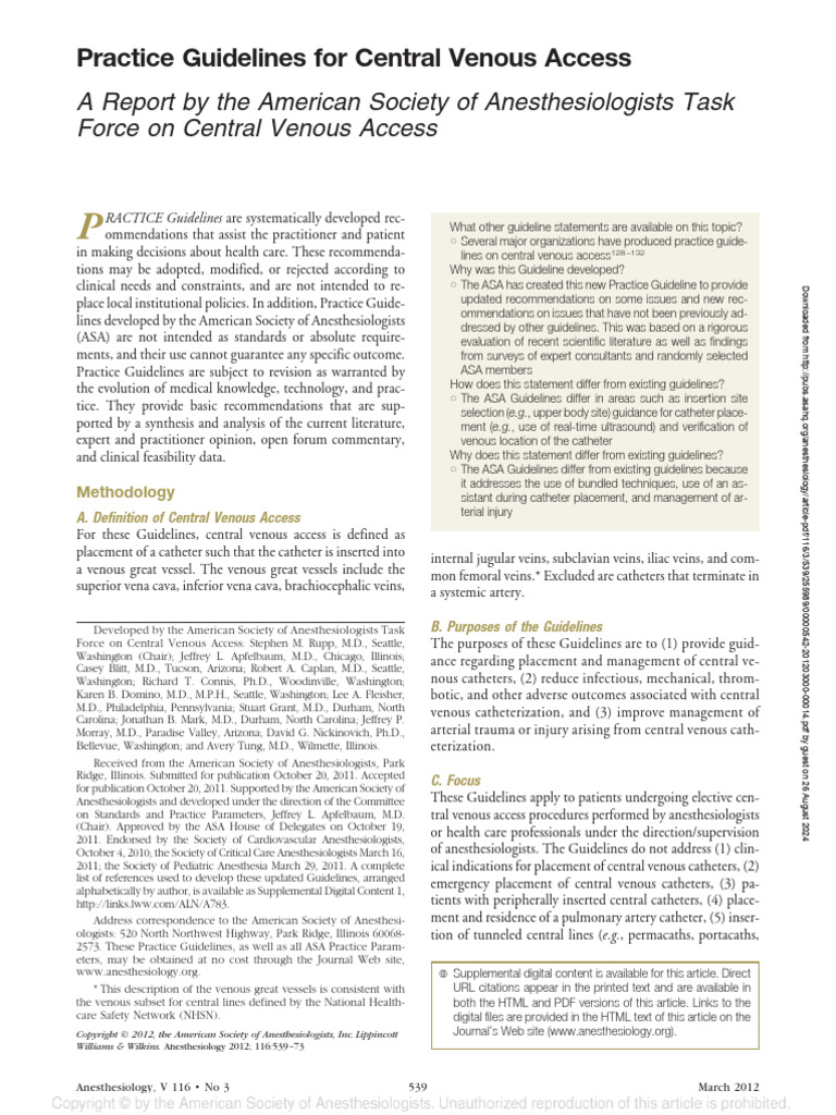 Practice Guidelines for Central Venous Access | PDF | Catheter | Vein