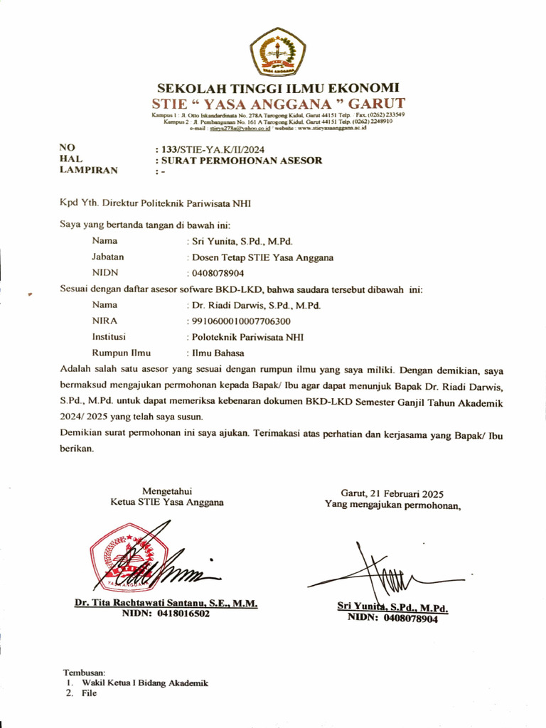 SURAT PERMOHONAN ASESOR BKD EKSTERNAL_SRI YUNITA GANJIL 2024-2025 (1) | PDF