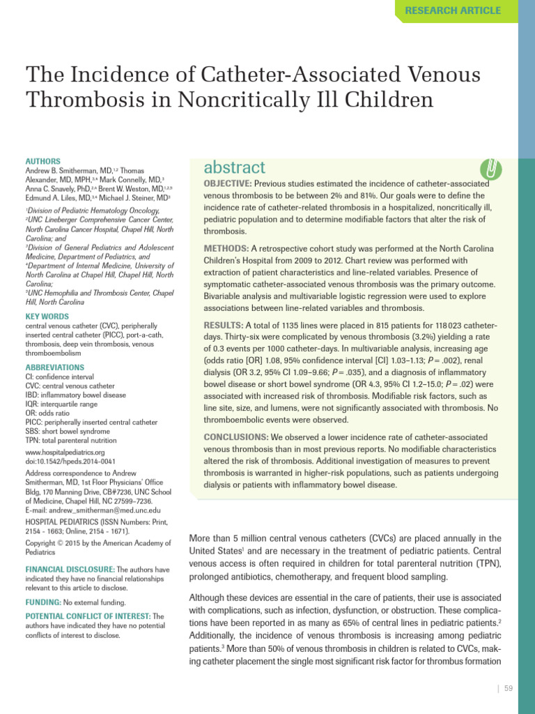 The Incidence of Catheter-Associated Venous Thromb | PDF | Thrombosis ...