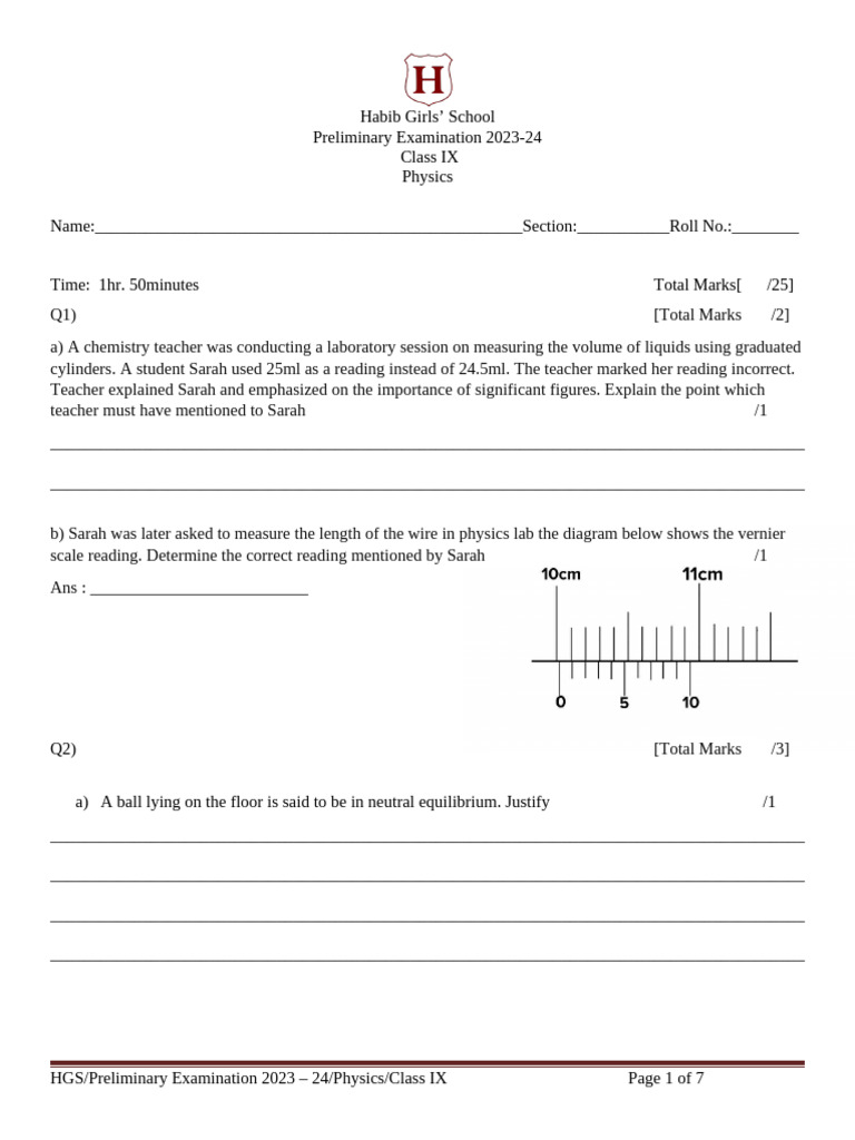 Paper 2 preliminary exam 2024 | PDF | Force | Mechanics