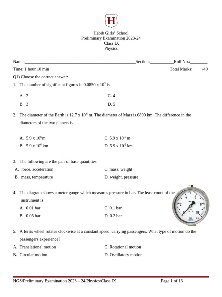 IX Prelim2023-24 Physics Paper 1 | PDF | Force | Acceleration