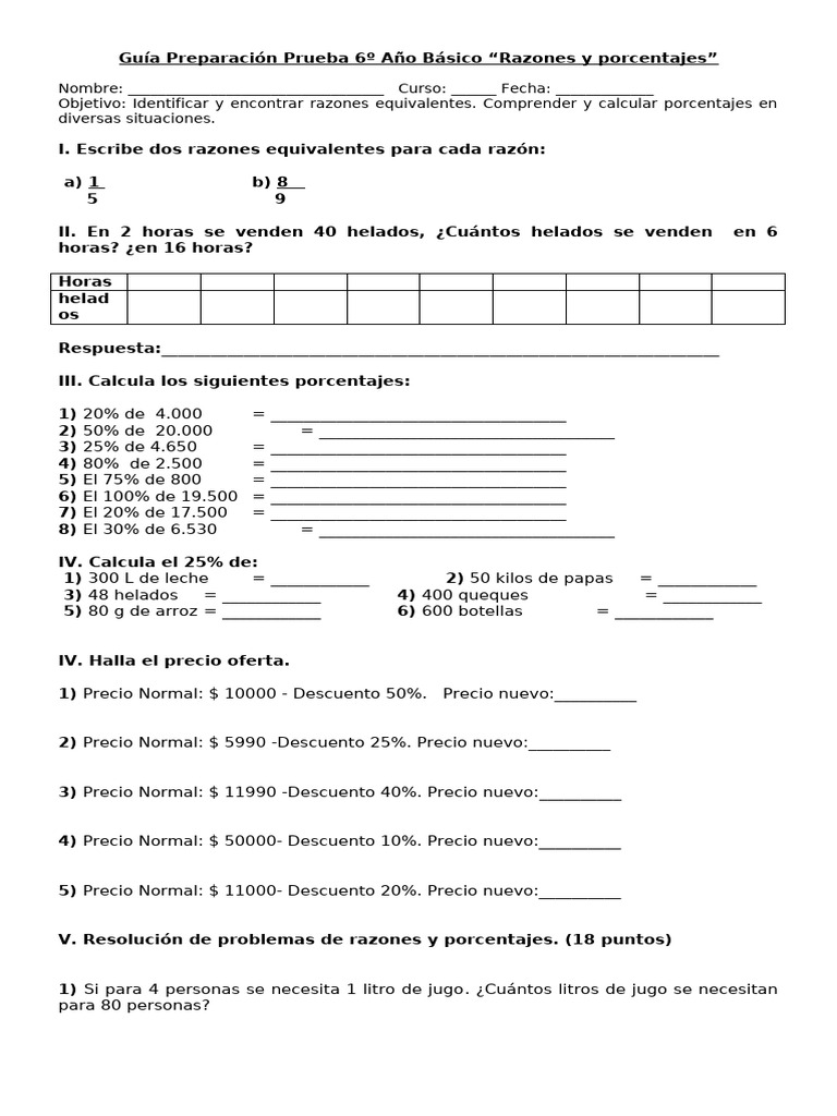 Guia Estudio 6º Año Básico de Razones y Porcentajes | PDF