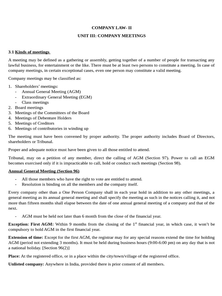 Company Law II - Unit III | PDF | Quorum | Proxy Voting