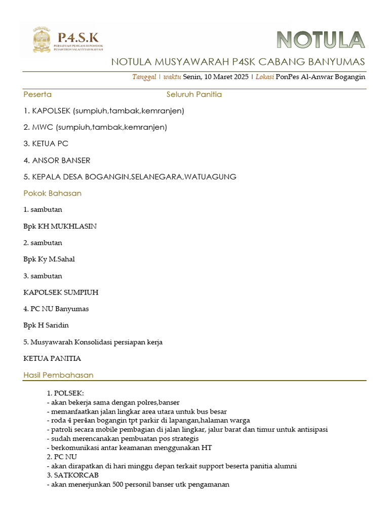 Musyawarah P4SK di Bogangin Sumpiuh | PDF