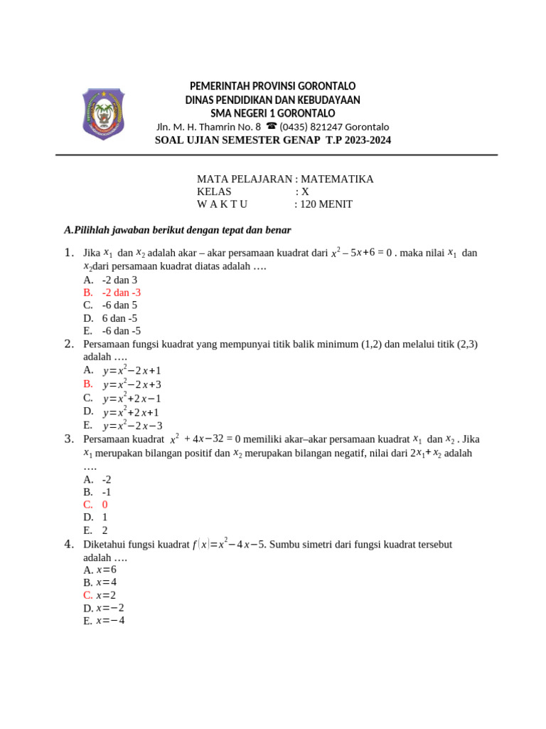 Soal Matematika Kelas X Genap 2023-2024 | PDF