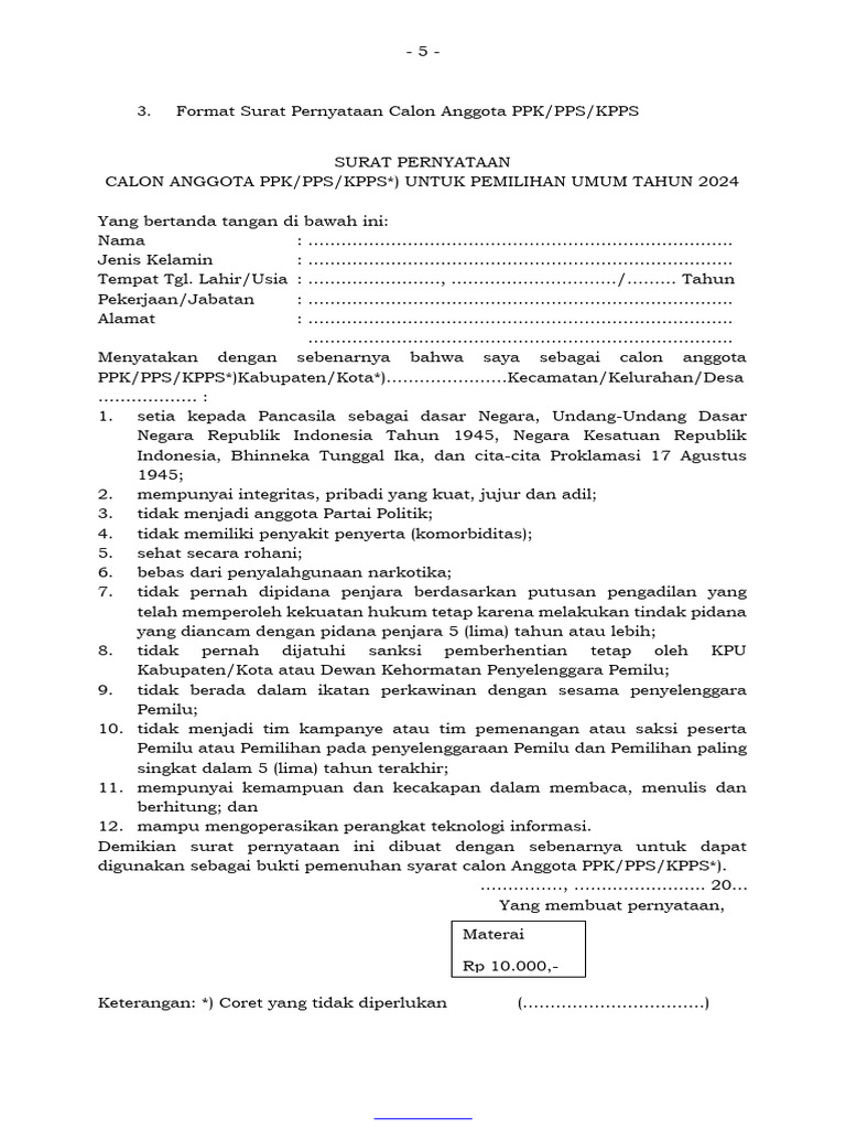 Form Surat Pernyataan KPPS | PDF