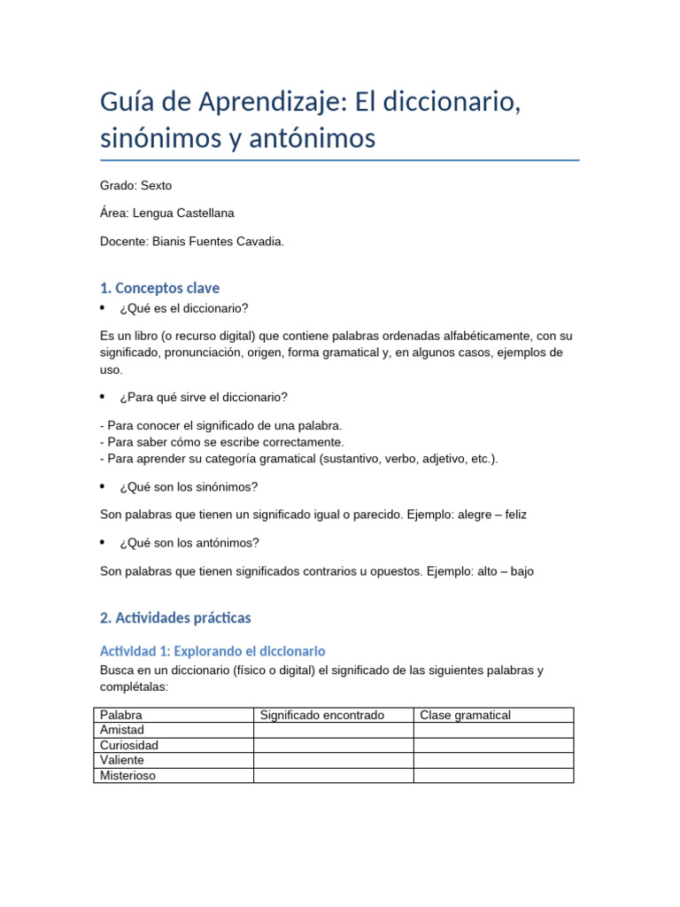 Guía Diccionario Sinonimos Antonimos 6to | PDF | Diccionario | Palabra