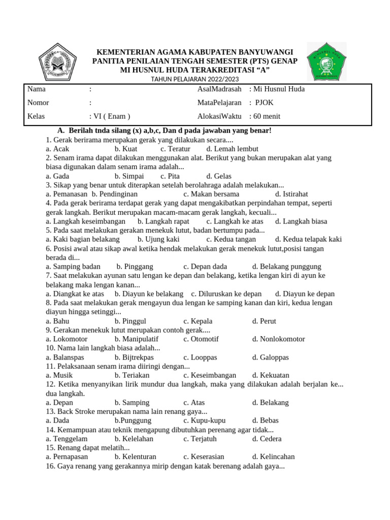 Kelas 6 MI Husnul Huda Pjok | PDF