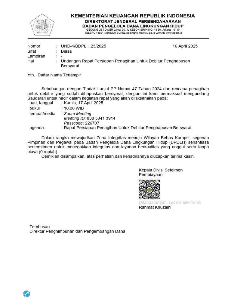 Undangan Rapat Penagihan Debitur 2025 | PDF