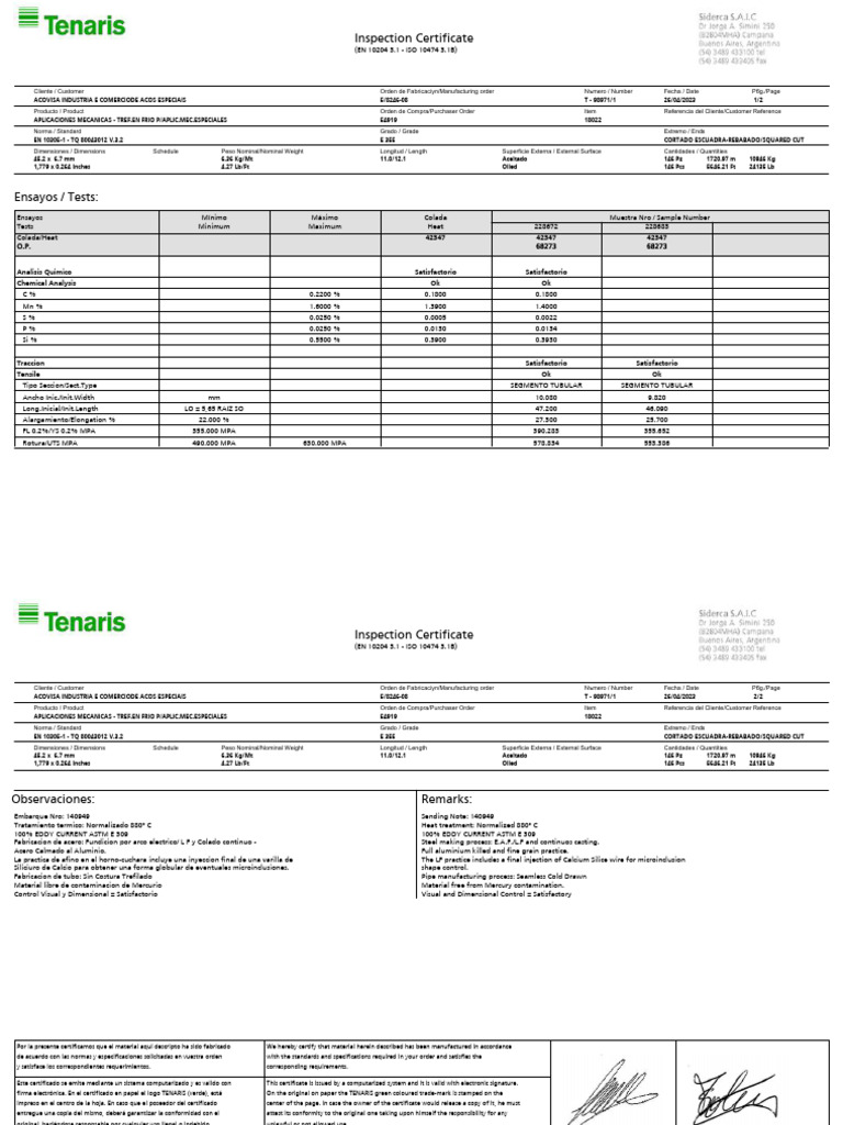 Inspection Certificate | PDF | Materiales | Rieles