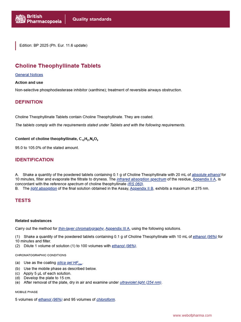 Choline Theophyllinate Tablet Standards | PDF | Chromatography | Ethanol