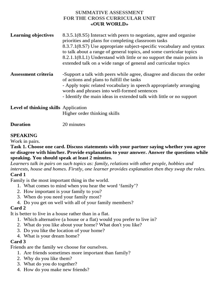 Summative Assessment: Our World Unit | PDF | Curriculum | Phrase
