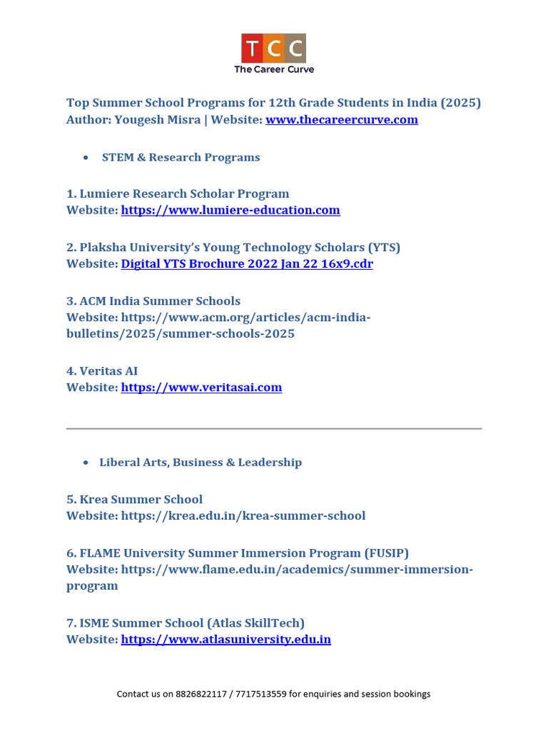 Top Summer School Programs For 12th Grade Students in India | PDF