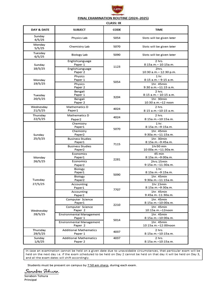 Final Examination Routine of IX | PDF
