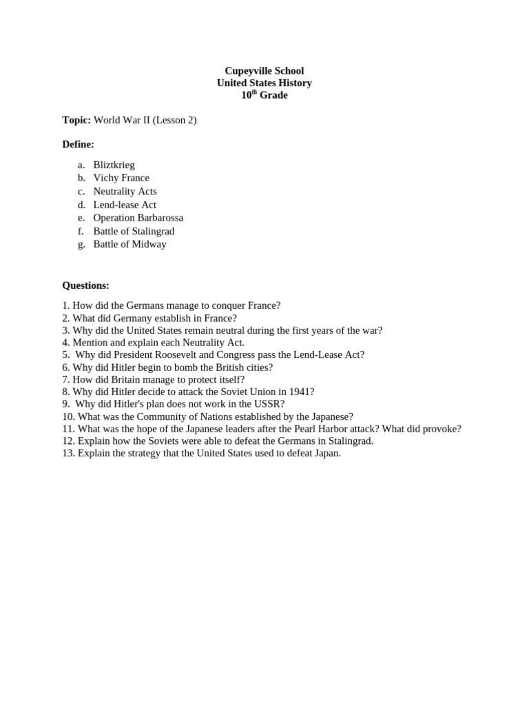 WWII Overview for 10th Grade History | PDF