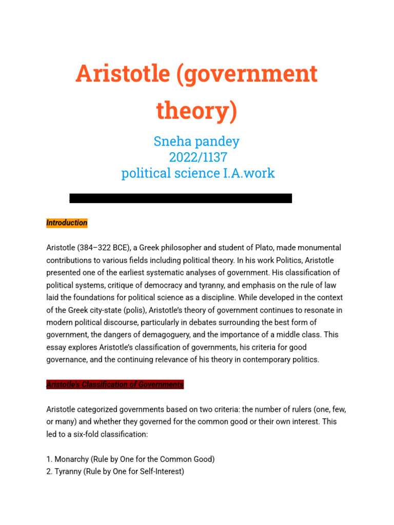 Aristotle Theory of Government | PDF | Democracy | Political Ideologies