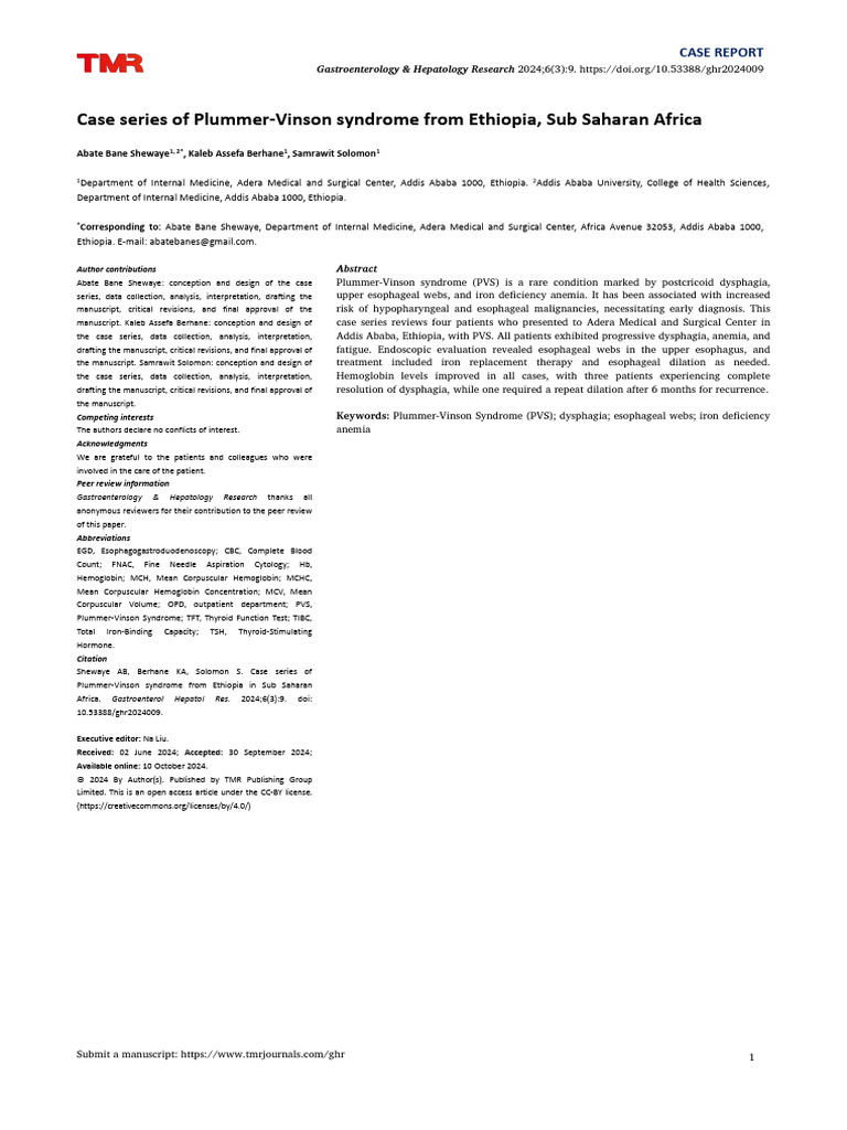 Case Series of Plummer-Vinson Syndrome From Ethiopia, Sub Saharan ...