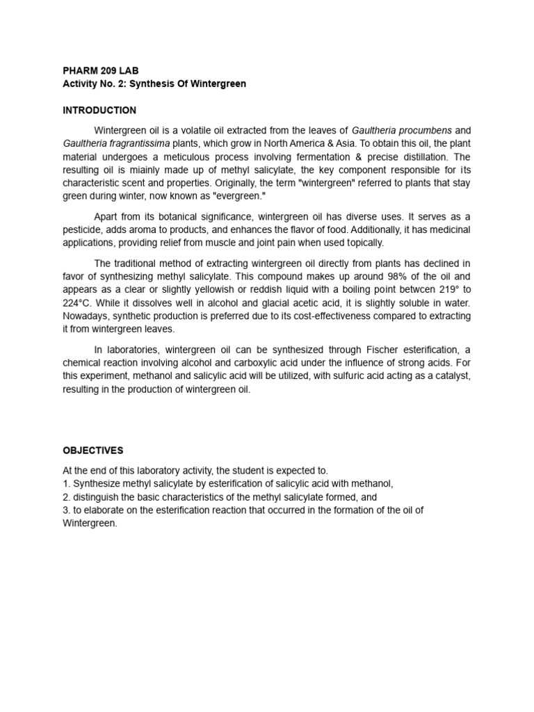 Synthesis of Wintergreen Oil Lab Report | PDF | Chemistry | Chemical ...