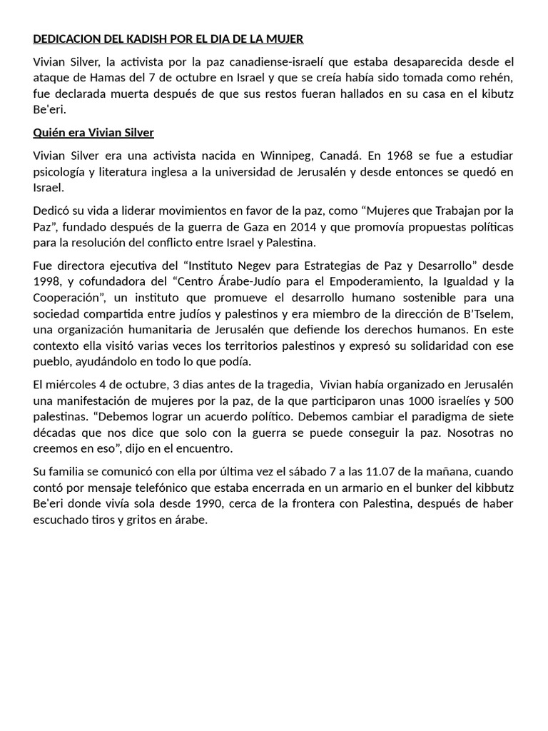 Dedicacion Del Kadish Por El Dia de La Mujer | PDF