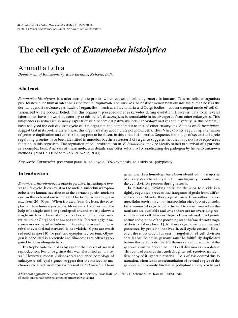 The Cell Cycle of Entamoeba Histolytica | PDF | Cell Cycle | Cell (Biology)