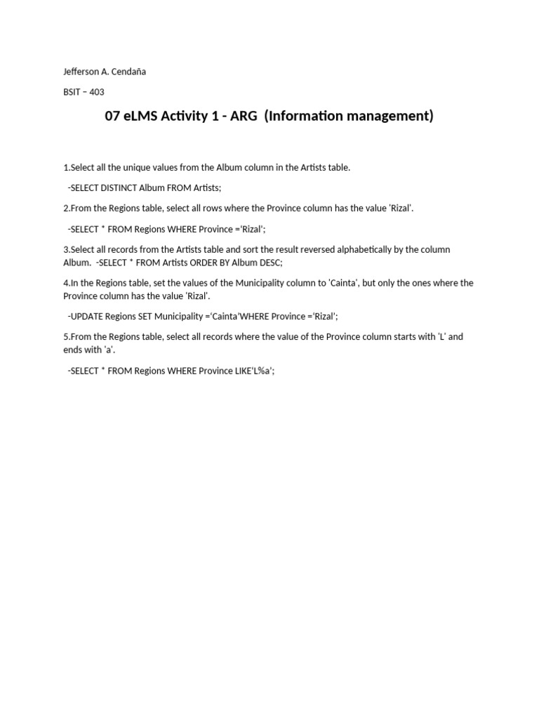 Cendaña - Jefferson 07 ELMS Activity 1 - ARG (Information Management) | PDF