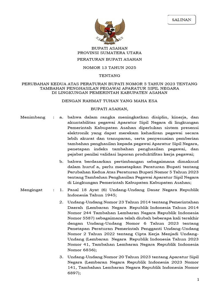 Perbup 13 Tahun 2025 (Perubahan Kedua Atas Perbup 5 Tahun 2023 TTG TPP ASN Di Lingkungan Pemkab ...