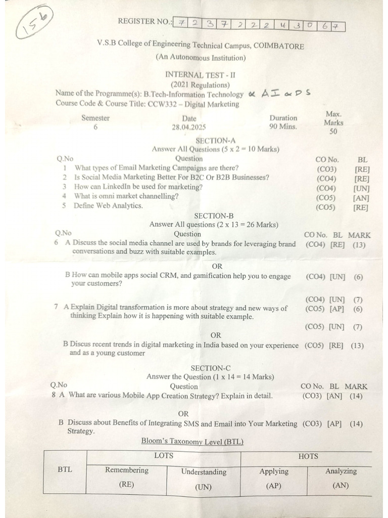 Digital Marketing - VSB Internal Paper | PDF