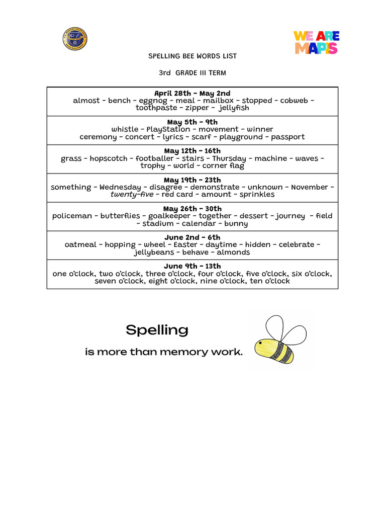 Spelling Bee - Word List - III Term 24-25 | PDF