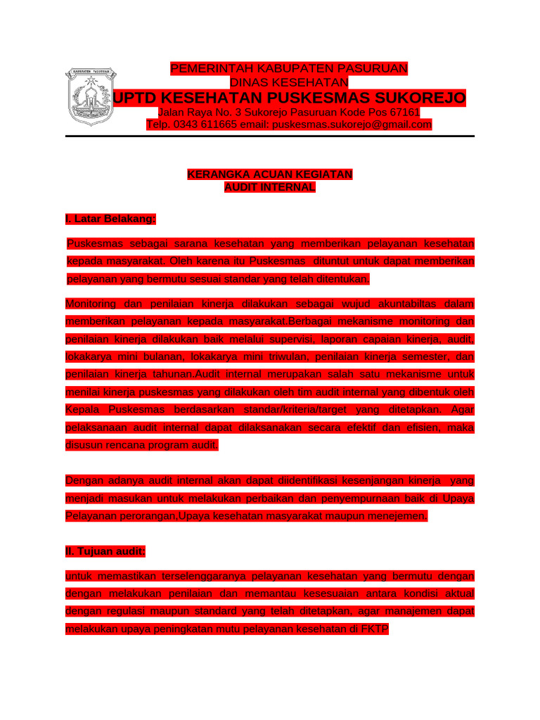 Kak Audit Internal PKM Sukorejo 2019 | PDF