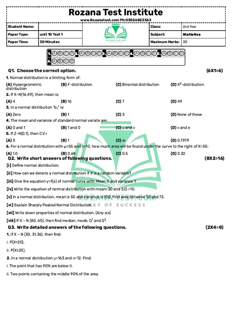 2nd Year Statistics Chapter Wise Test | PDF | Linear Regression ...