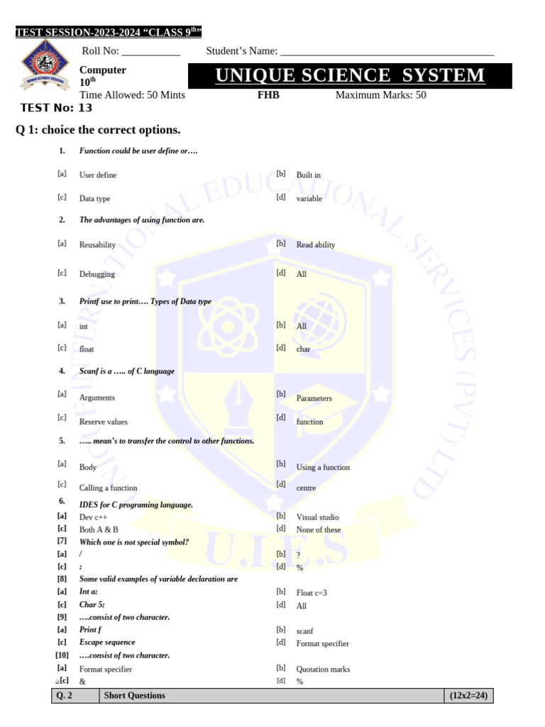 Class 9 Computer Science Test 2023-24 | PDF | Parameter (Computer ...