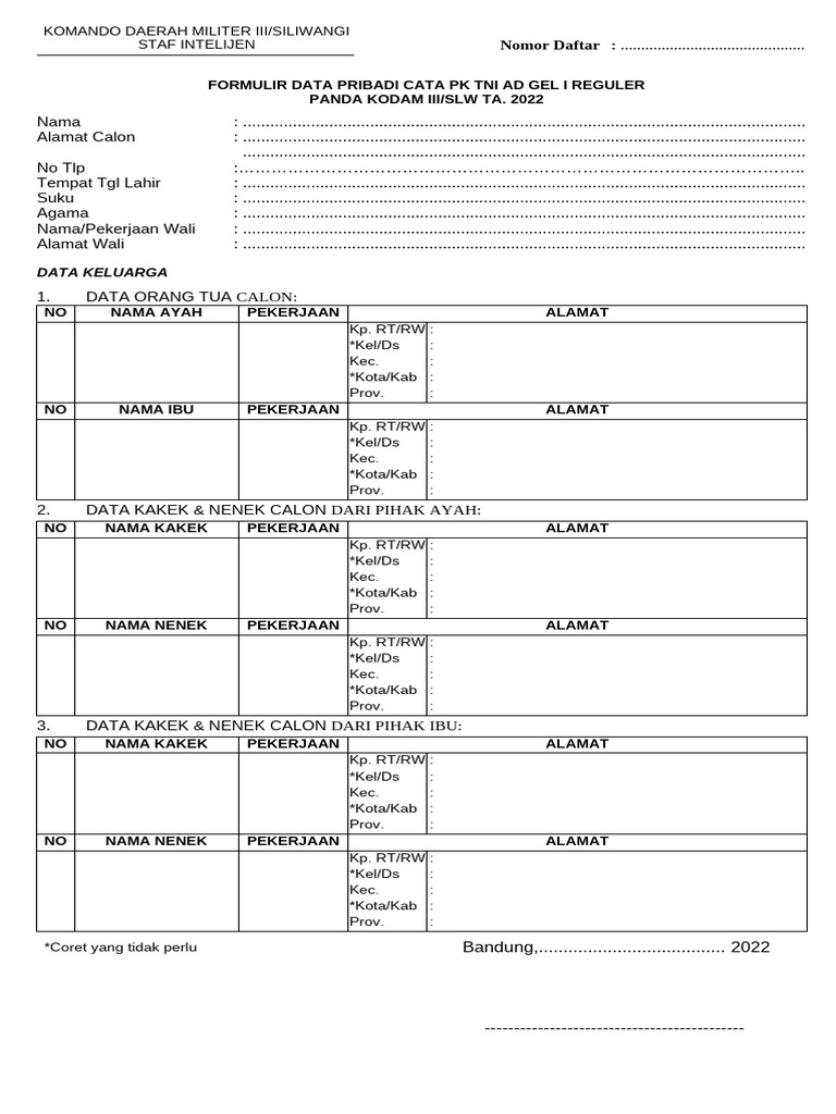 Formulir Data Pribadi Cata PK Tni Ad Gel I Reguler Ta. 2022 | PDF