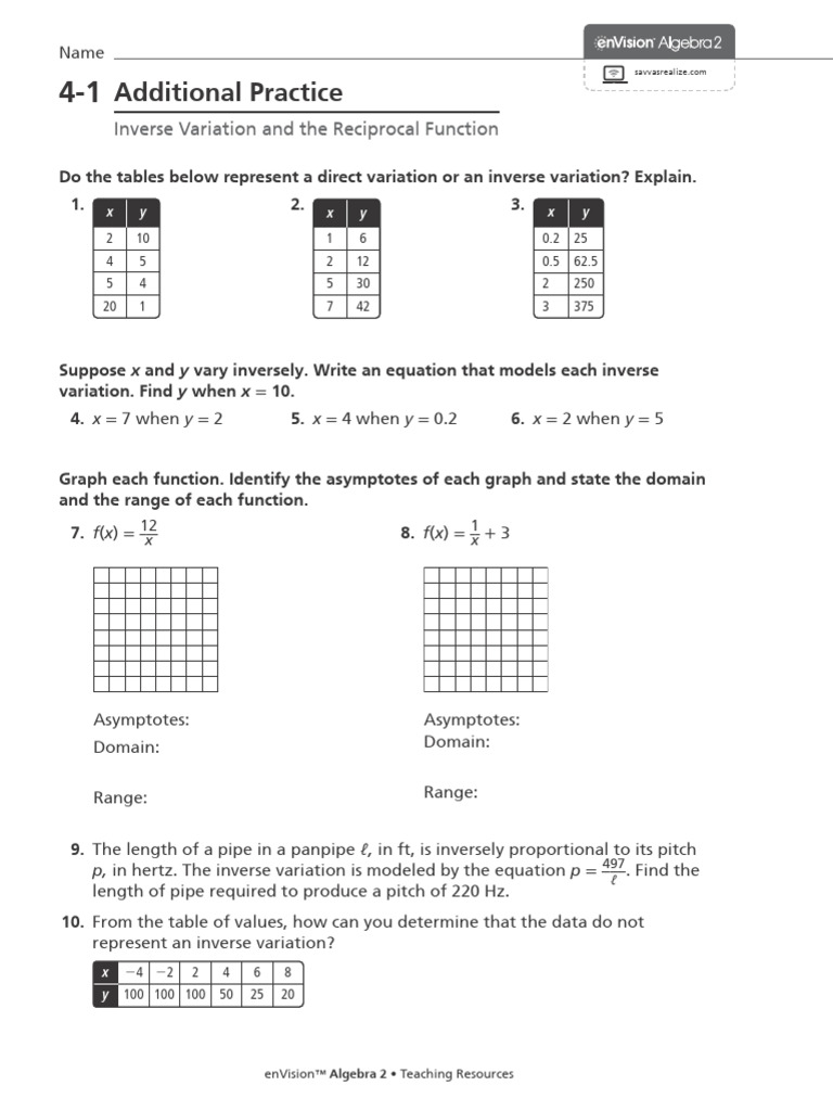 4-1 Inverse Variation and The Reciprocal Function | PDF | Function ...