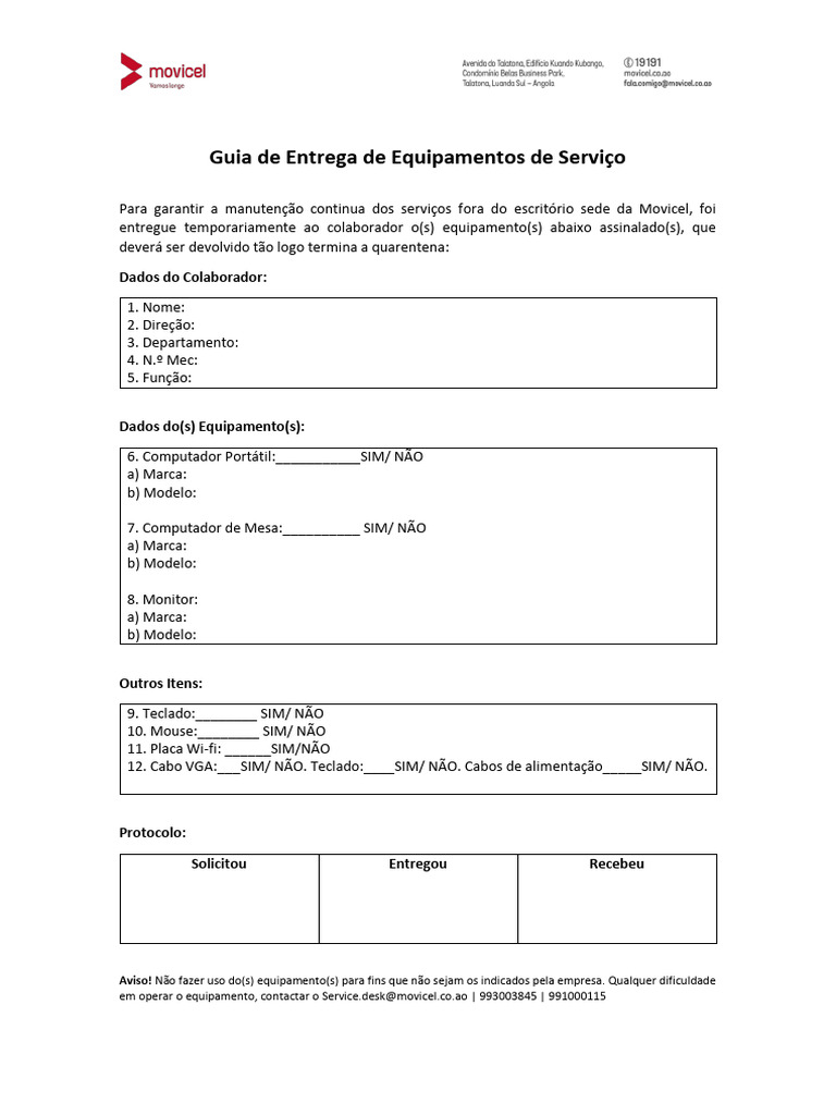 Guia de Entrega de Equipamentos Movicel | PDF