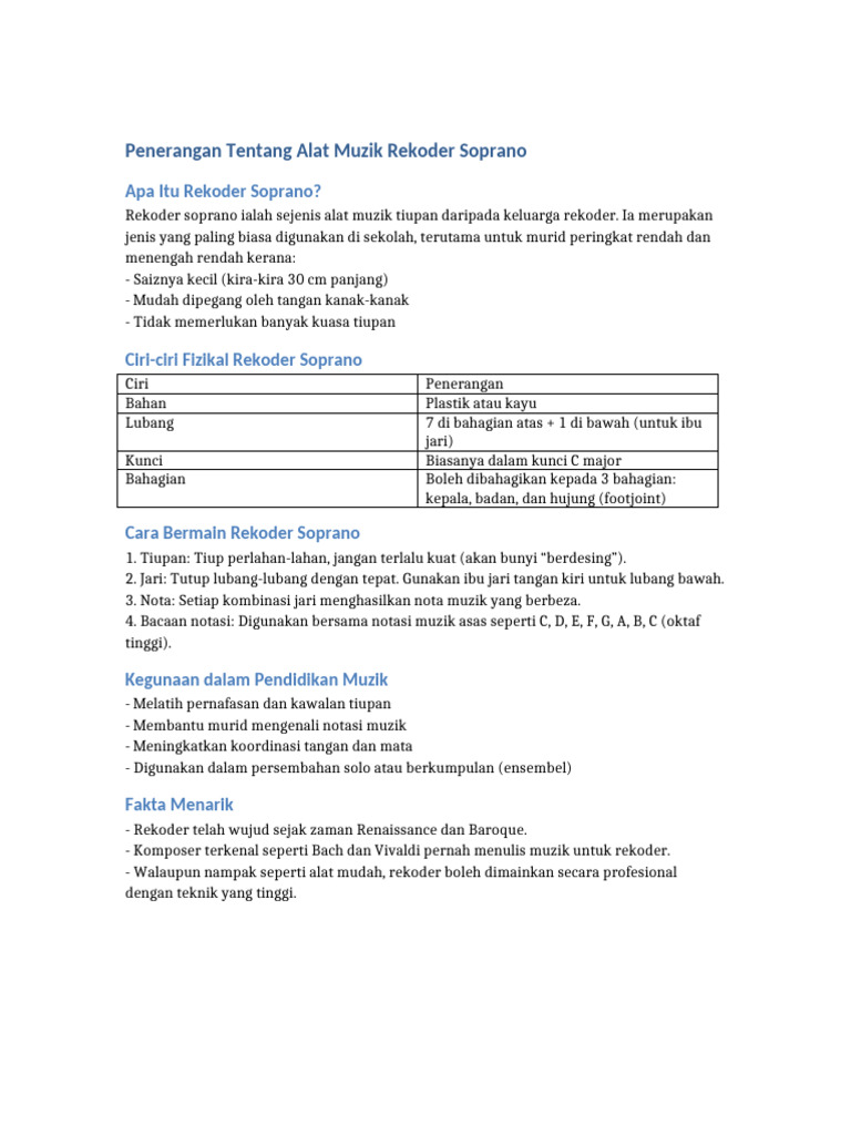 Penerangan Alat Muzik Rekoder Soprano | PDF