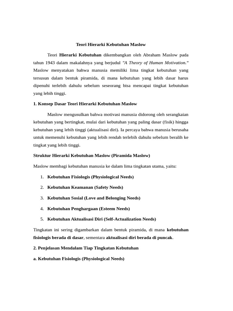 Teori Hierarki Kebutuhan Maslow | PDF