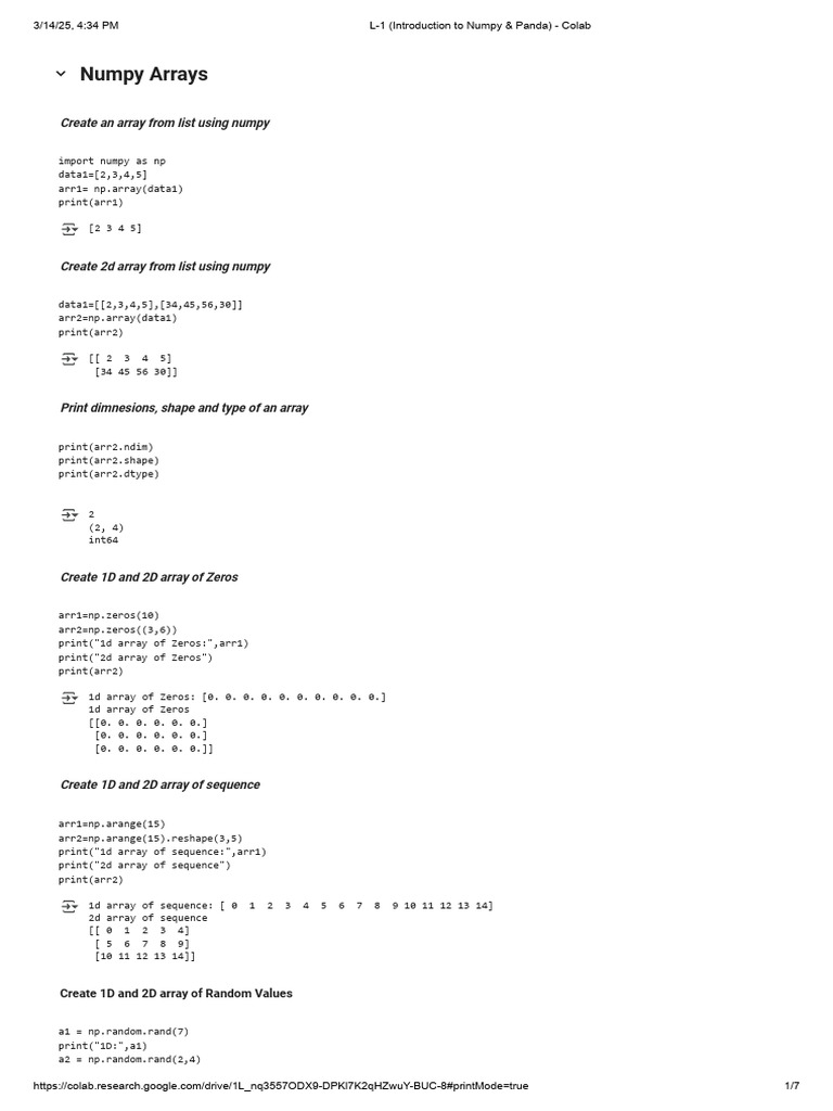 L-1 (Introduction To Numpy & Panda) - Colab | PDF | Computer Programming
