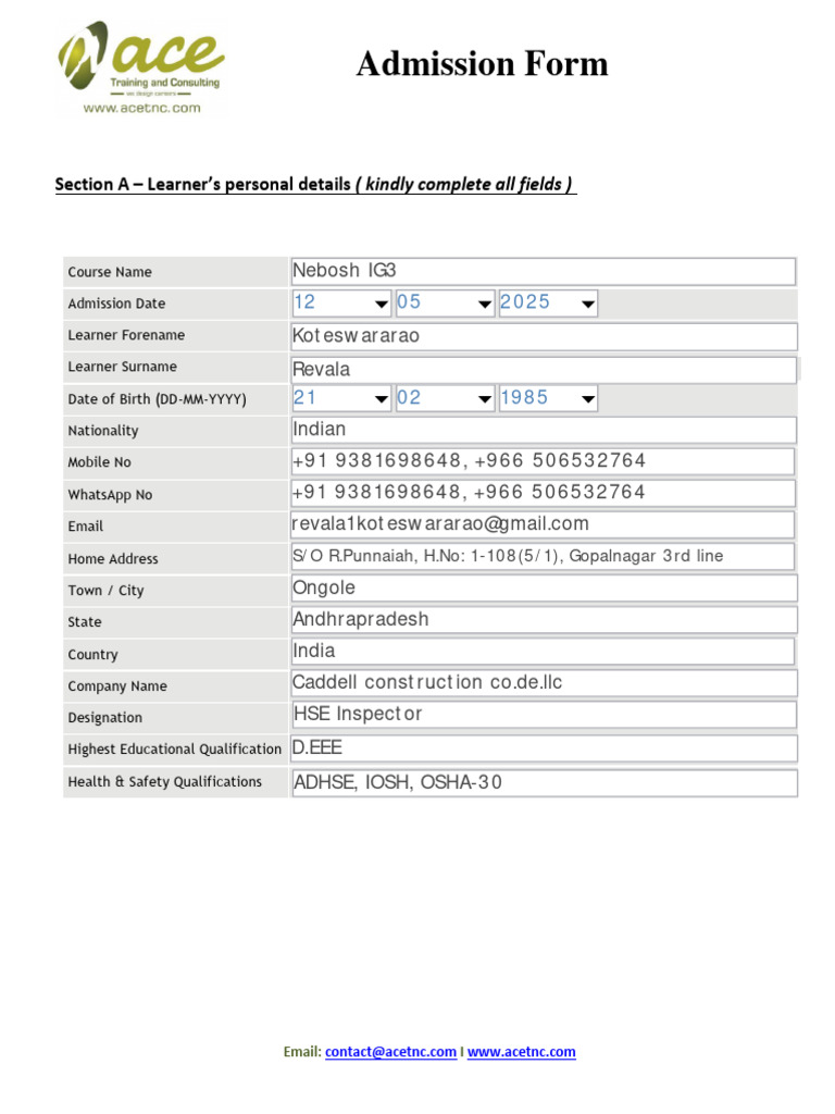 ACE Training Admission Form Guide | PDF | Payments | Learning
