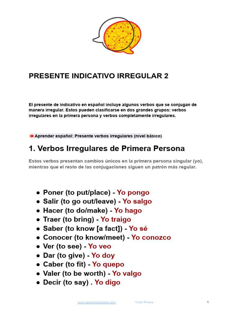 Presente Indicativo Irregular 2: 1. Verbos Irregulares de Primera ...