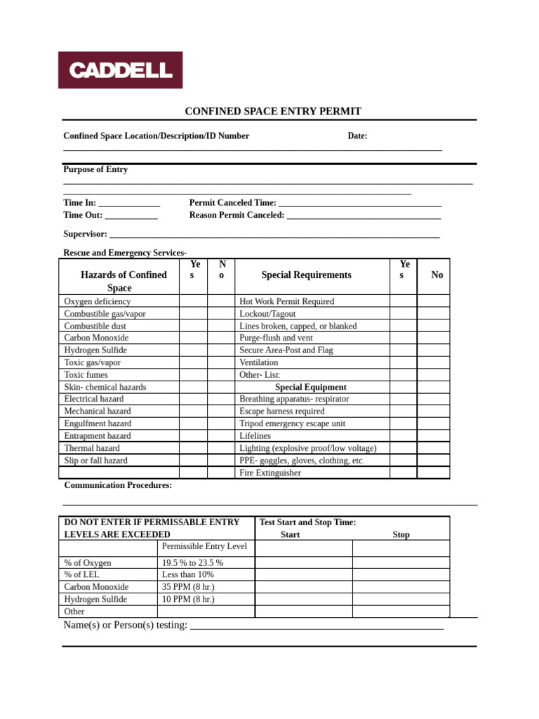 Confined Space Entry Permit Template | PDF | Safety | Occupational ...