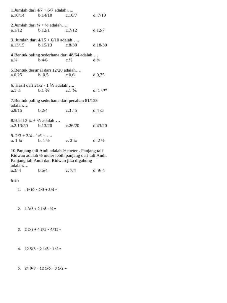 soal mtk kls 5 pecahan 15 soal | PDF
