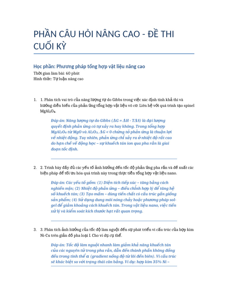 De Thi Cuoi Ky PP Tong Hop Vat Lieu NANG CAO | PDF