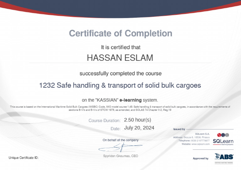 1232 Safe Handling and Transport of Solid Bulk Cargoes Certificate | PDF