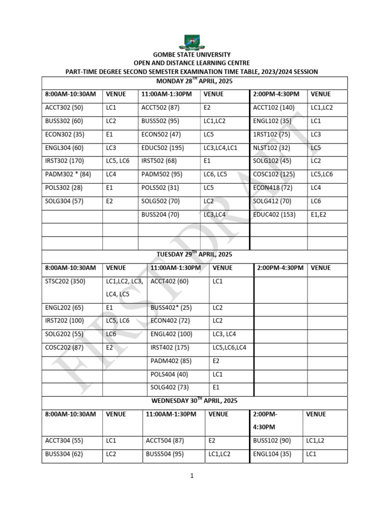 2023-2024 2nd Semester Part-Time Degree Exams Time-Table | PDF
