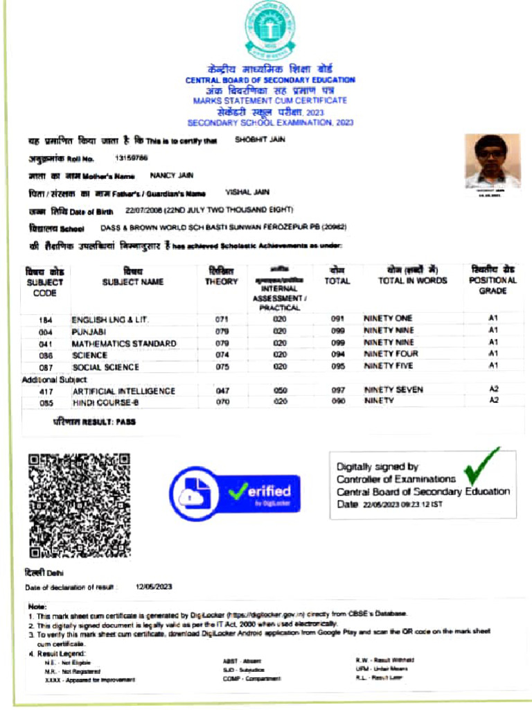 Verified: Marks Statement Cum Cerificate | PDF | Educational Stages ...