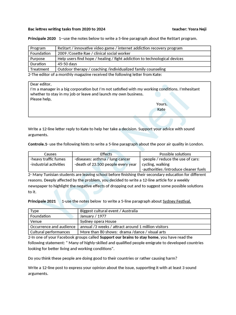 Bac Lettres Writing Tasks From 2020 To 2024 | PDF | Refugee | Literacy