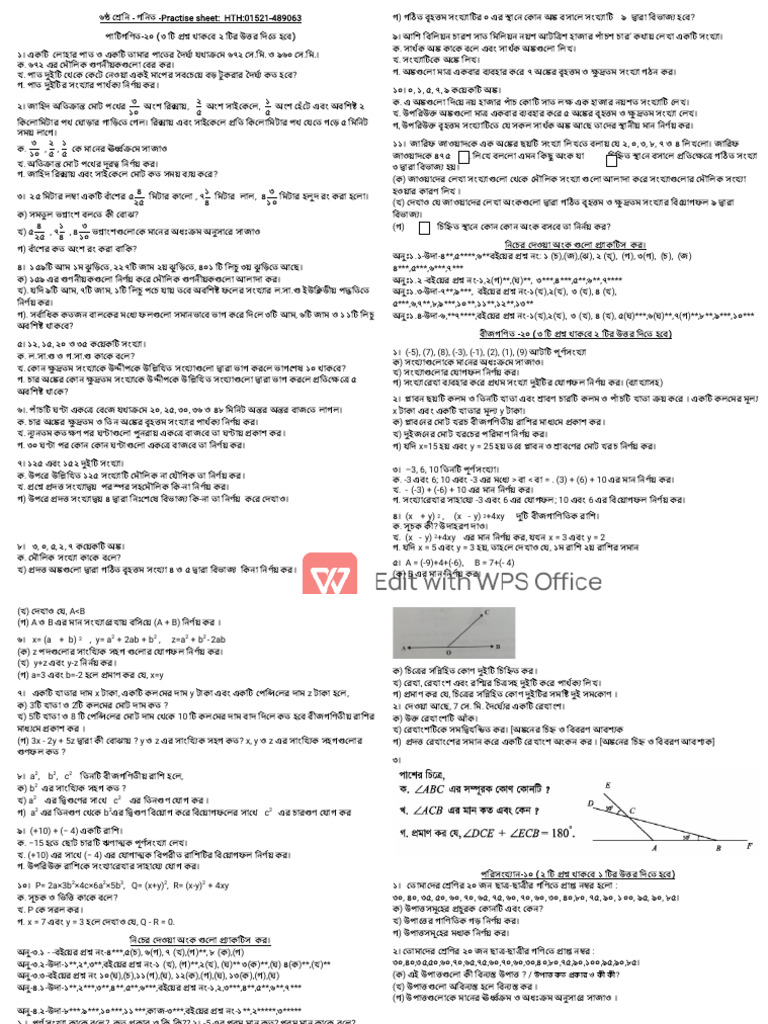 Practise sheet math 6 | PDF
