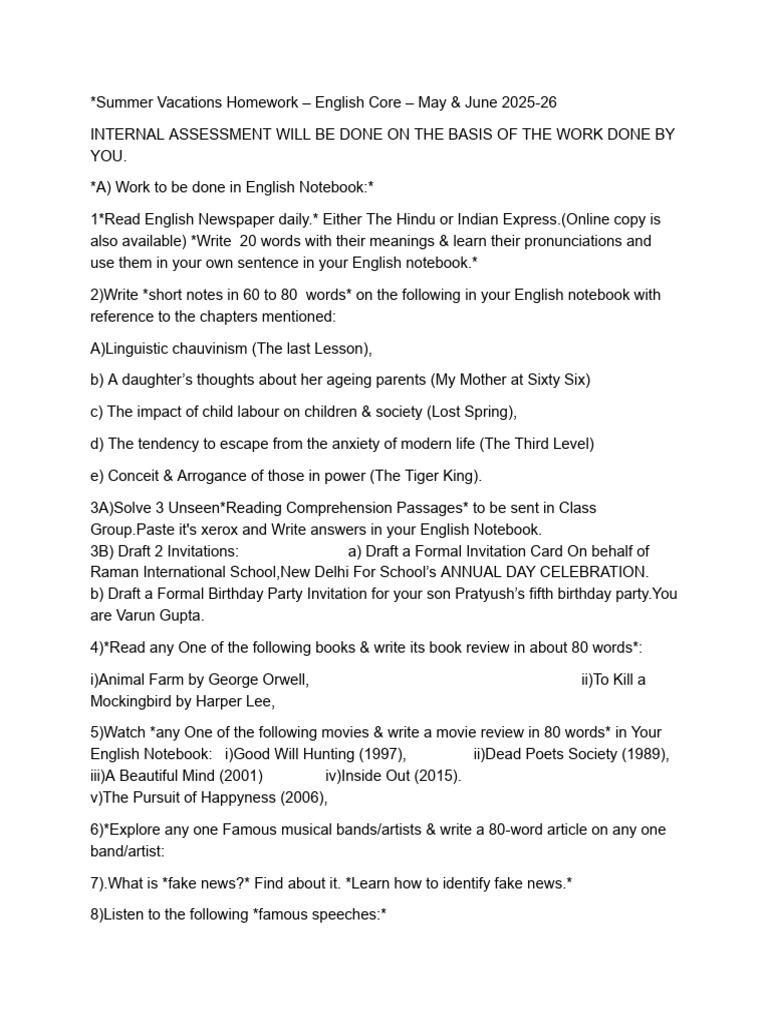 Summer Vacations Homework - English Core - May & June 2024 | PDF