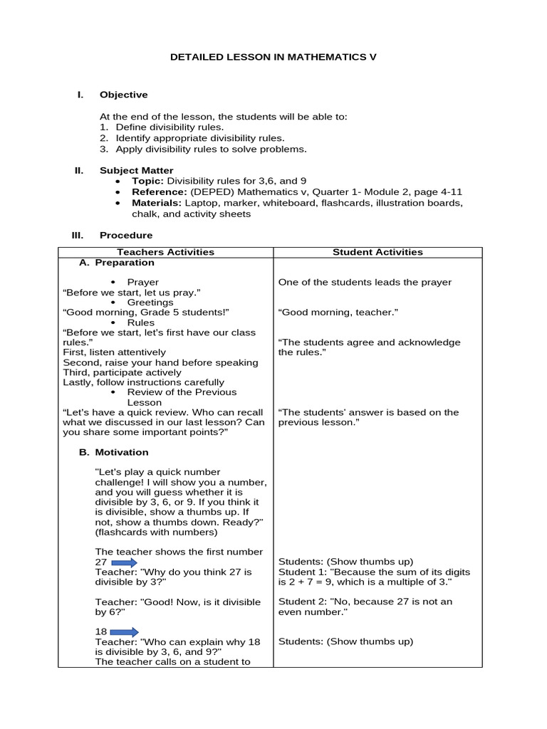 DETAILED LESSON IN MATHEMATICS V - Final | PDF | Cognition | Learning