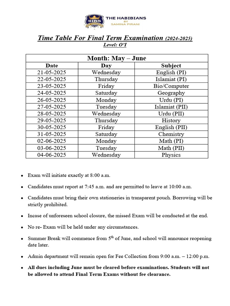 Timetable FInal Term Exams O'I (2024-2025)-1 | PDF